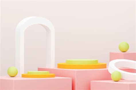 달콤한 빨간색 플랫폼이있는 무대에서 분홍색 연단이 최소화됩니다 화장품 및 음료 제품을 보여주는 단계 받침대 현대 3d 스튜디오 레드 플랫폼에서 무대 여름 기하 도형에 대한