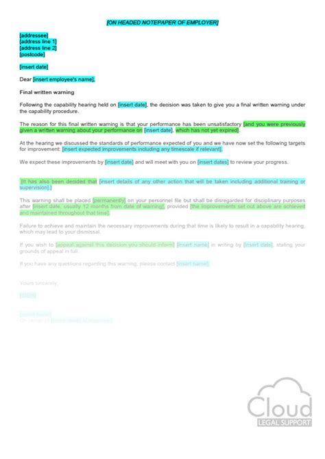 Final Warning Confirmation Letter Poor Performance CloudLegal Support