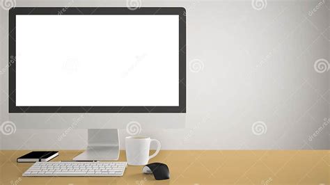 Desktop Mockup Template Computer On Yellow Pantone Colored Work Desk With Blank Screen