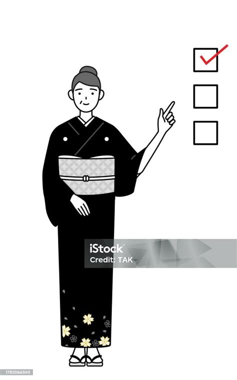 신년 인사와 결혼식 기모노를 입은 선배 여성이 체크리스트를 가리키고 있습니다 Hatsumode에 대한 스톡 벡터 아트 및 기타