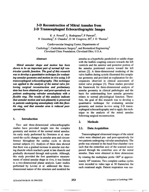 Pdf 3 D Reconstruction Of Mitral Annulus From 2 D Transesophageal