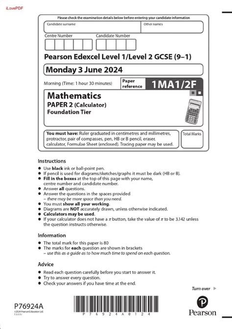 Pearson Edexcel Gcse 1ma1 2f In Mathematics Foundation Calculator Question Paper Mark Scheme