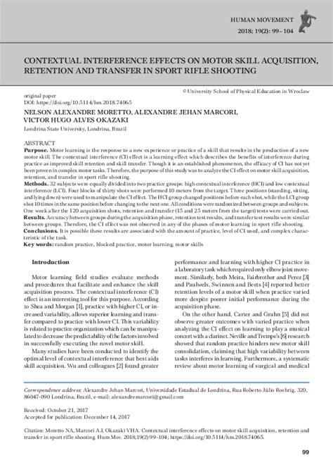 Pdf Contextual Interference Effects On Motor Skill Acquisition Retention And Transfer In