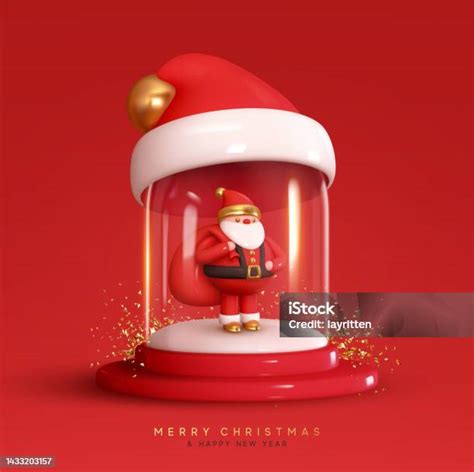 크리스마스 휴일 매직 글래스 아래 돔 산타 클로스 하얀 눈덩이가 달린 선물 가방 축제 새해 현실적인 3d 디자인 구성 크리스마스 빨간색 배경 벡터 일러스트 레이 션