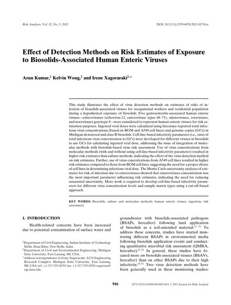 Pdf Effect Of Detection Methods On Risk Estimates Of Exposure To Biosolids Associated Human