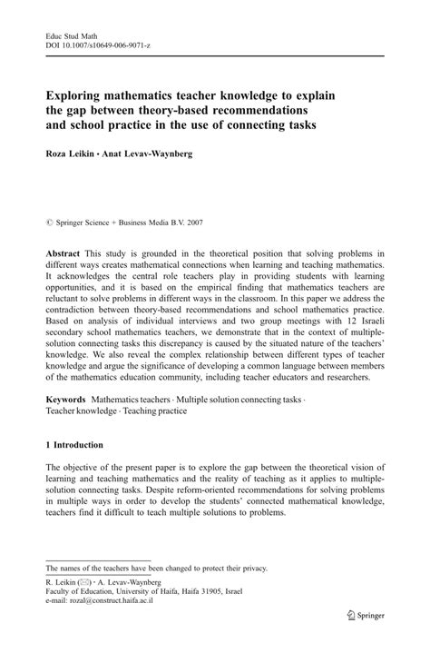 Pdf Exploring Mathematics Teacher Knowledge To Explain The Gap