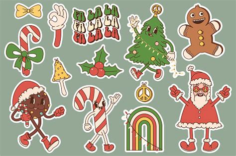 복고풍 만화 캐릭터와 요소의 큰 스티커 팩 메리 크리스마스와 새해 복 많이 받으세요 트렌디 한 그루비 히피 스타일 가공의 인물에 대한 스톡 벡터 아트 및 기타 이미지
