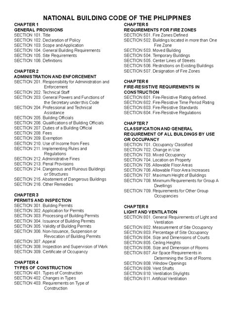 NBCP GB Chapter And Section Titles Plus NATIONAL BUILDING CODE OF THE PHLIPPINES CHAPTER