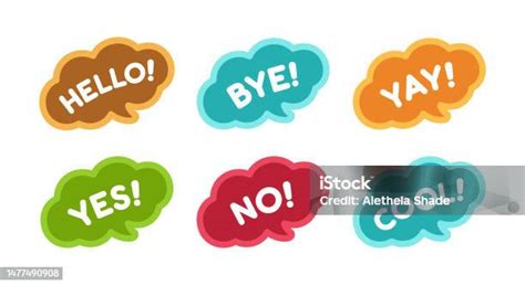 짧은 문구가 있는 귀여운 말풍선 안녕하세요 안녕 예 아니오 예 멋진 아이콘 세트입니다 간단한 평면 벡터 그림입니다 구름에 대한 스톡 벡터 아트 및 기타 이미지 Istock