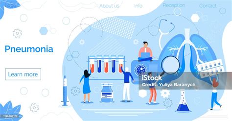 청색 배경에 폐렴 또는 폐학 벡터 개념 결핵 기관지염 폐 진단 엑스레이 기계 작은 의사 치료 폐 스캔 그것은 방문 페이지입니다