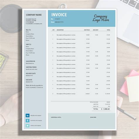 Invoice Template Excel Invoice Invoice Design Spreadsheet With Social Media Contact Icons Active