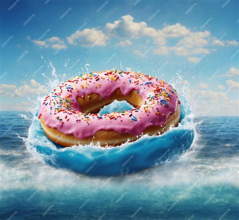 Premium Photo Donut Floating In Water With Blue Sky And Clouds 3d