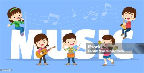 어린이 그룹의 음악 개념을 재생합니다 만화 춤추는 아이들과 악기를 가진 아이들귀여운 어린이 음악가 음악을 연주하는 다양한 액션 아이에 대한 스톡 벡터 아트 및 기타 이미지