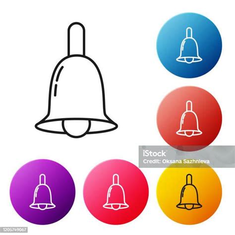흰색 배경에 격리 된 검은 색 선 벨 아이콘 알람 기호 서비스 벨 핸드 벨 기호 알림 기호입니다 아이콘 다채로운 원 버튼을 설정합니다 벡터 일러스트레이션 기민에 대한 스톡