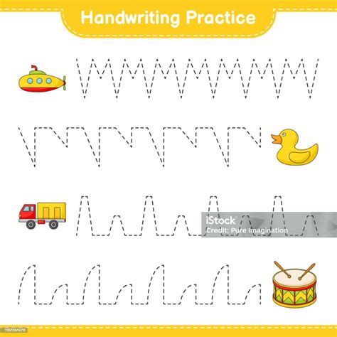 필기 연습 잠수함 고무 오리 트럭 드럼의 라인을 추적할 수 있습니다 교육 어린이 게임 0명에 대한 스톡 벡터 아트 및 기타