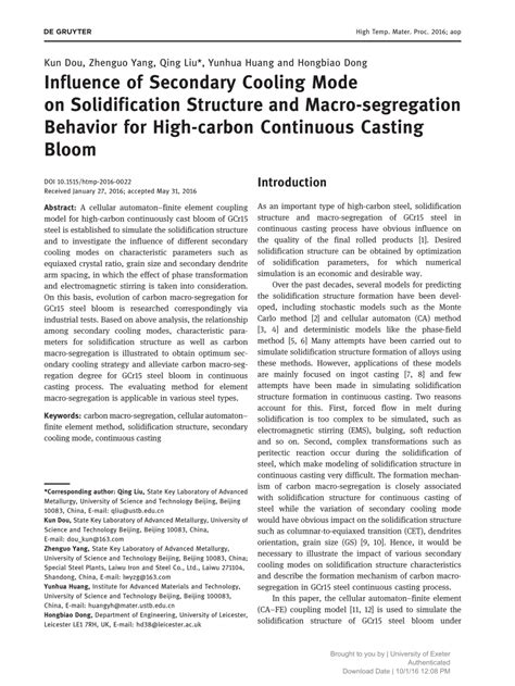 Pdf Influence Of Secondary Cooling Mode On Solidification Structure And Macro Segregation