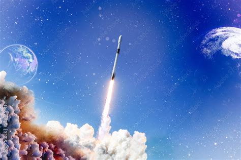 Spaceship Takes Off In The Starry Sky Rocket Space Ship Rocket Starts Into Space Concept