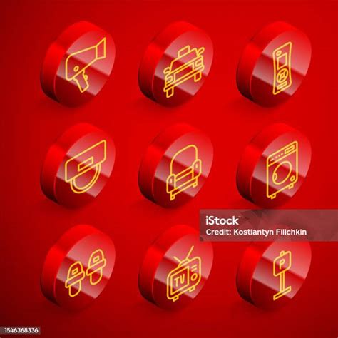 세트 라인 헤어 드라이어 택시 차 리모콘 벨보이 모자 안락 의자 세탁기 호텔 슬리퍼 및 복고풍 Tv 아이콘 벡터 3차원 형태에 대한 스톡 벡터 아트 및 기타 이미지 Istock