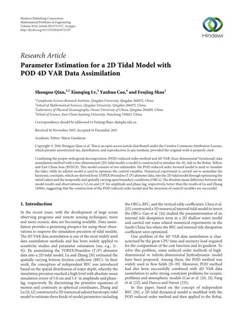 Pdf Parameter Estimation For A 2d Tidal Model With Pod 4d Var Data Assimilation