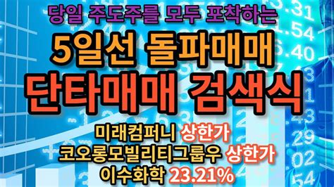 단타매매 검색식 당일 주도주를 모두 포착하는 5일선 돌파매매기법 미래컴퍼니상한가 코오롱모빌리티그룹우상한가 이수화학2321 Youtube