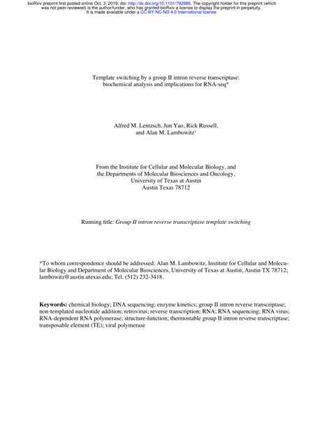 Pdf Template Switching By A Group Ii Intron Reverse Transcriptase Biochemical Analysis And