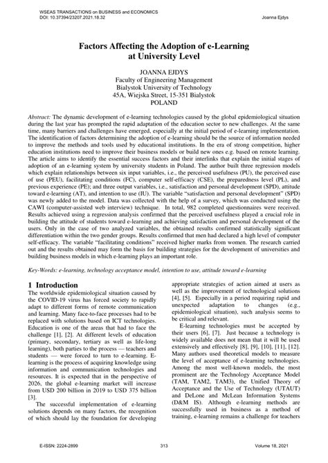 Pdf Factors Affecting The Adoption Of E Learning At University Level