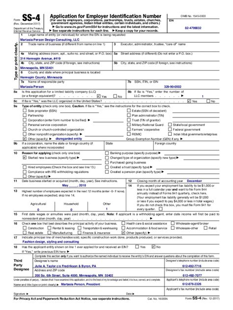 Fillable Online Form Ss 4 And Employer Identification Number Ein Fax Email Print Pdffiller