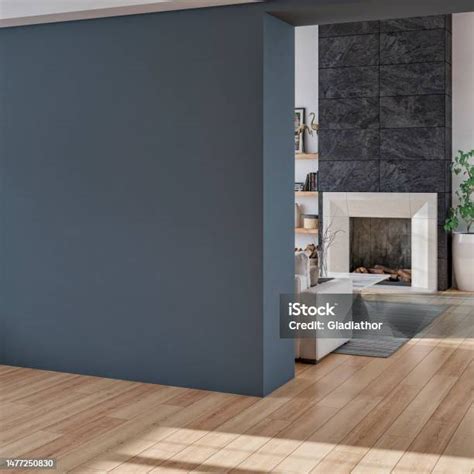 소파 장식 벽난로가 있는 아늑하고 고급스럽고 현대적인 거실의 측면 모습 전면에 커다란 빈 벽 배경 0명에 대한 스톡 사진 및 기타 이미지 Istock