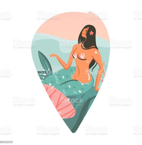 손 그린된 벡터 추상 만화 여름 시간 그래픽 수 중 일러스트 아트 바다 아름다움 인 어 소녀 배경 템플릿과 텍스트 흰색 절연