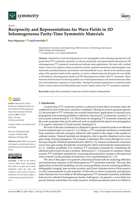 Pdf Reciprocity And Representations For Wave Fields In 3d Inhomogeneous Parity Time Symmetric