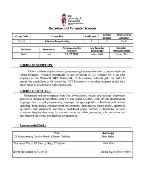 Advance Programming Course Outline Fall 2024 Pdf C Sharp Programming Language Object