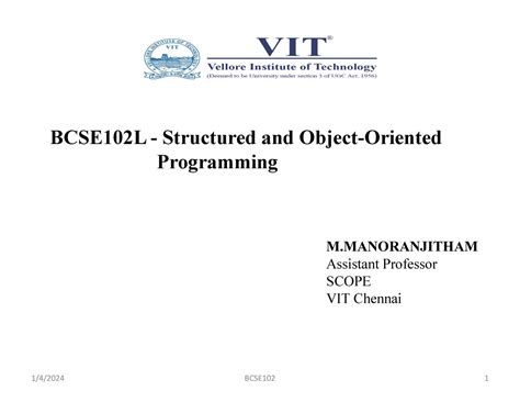 BCSE102 M1 3 Operators Precedence Expression Type Conversion IOstatemensa L 6 Jan 24 BCSE102L