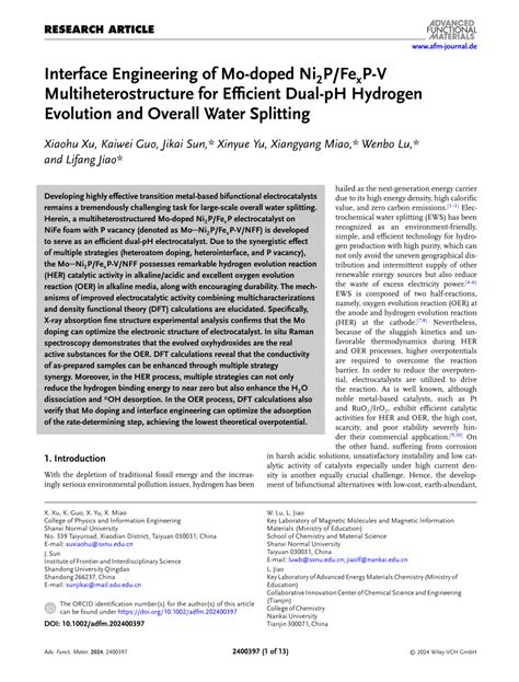 Interface Engineering Of Mo‐doped Ni2pfexp‐v Multiheterostructure For Efficient Dual‐ph