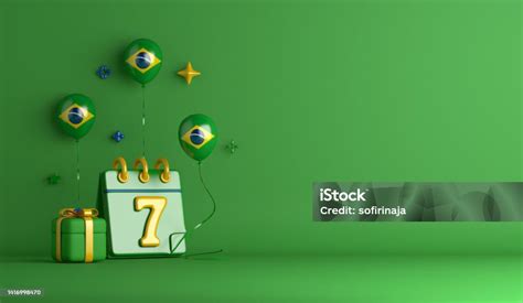 브라질 독립 기념일 장식 배경 7 달력 풍선 선물 상자 복사 공간 텍스트 3d 렌더링 일러스트 레이 션 독립에 대한 스톡 사진 및 기타 이미지 Istock