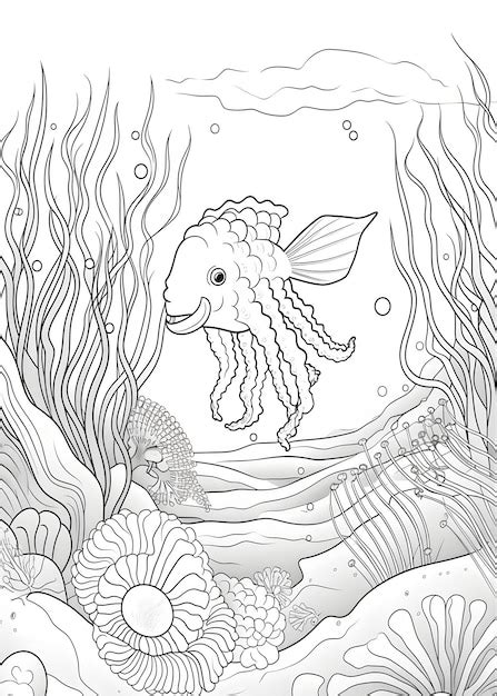 바다 에서 색칠 페이지 바다 아래 윤 색칠 페이지는 바다 생명이 바다에서 색칠을위한 라인 아트 그림책 바다 아래 세계 색채 페이지 Ai 생성 프리미엄 Ai 생성 이미지