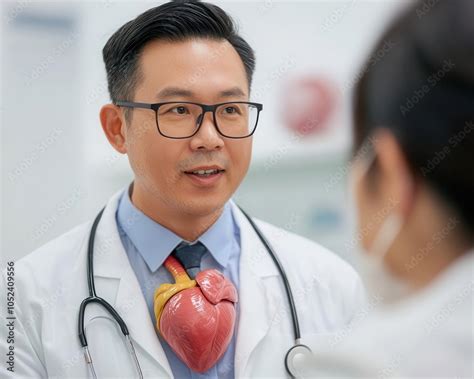 Doctor Explaining Heart Attack Risk Heart Model Focus Cardiac Health