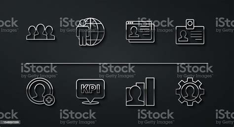 라인 사용자 그룹 설정 계정 생성 화면 식별 배지 생산적인 인간 핵심 성과 지표 헤드 헌팅 기어가 있는 인간 및 이력서 아이콘 벡터 개념에 대한 스톡 벡터 아트 및 기타