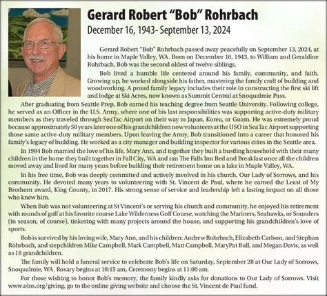Gerard Robert “bob” Rohrbach Obituary Snoqualmie Valley Record