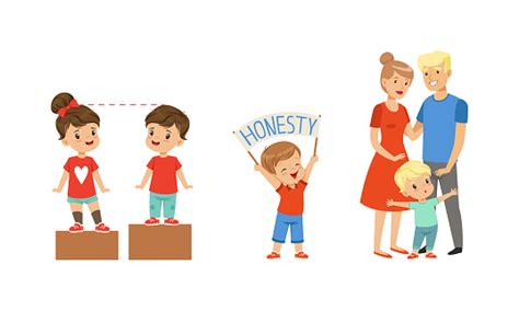 친절하고 공정한 어린 소녀와 소년 캐릭터 는 정직 배너를 들고 부모 벡터 일러스트 레이션 세트를 보호 가공의 인물에 대한 스톡 벡터 아트 및 기타 이미지 Istock