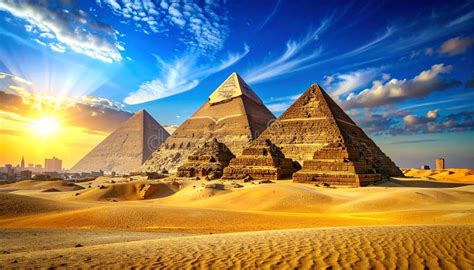 Egyptian Pyramids Of Giza At Sunrise With Dramatic Sky And Desert Dunes