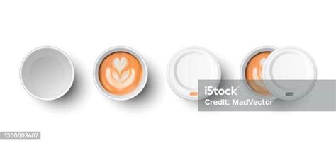 벡터 3d 사실적인 종이 흰색 일회용 빈 및 뚜껑 세트 격리와 우유 커피 컵 라떼 카푸치노 거품 꽃 심장 패턴 스톡 벡터 일러스트레이션 디자인 템플릿입니다 맨 위 보기 종이