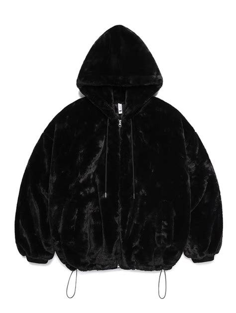Then Our덴아워 실시간 인기 스타일 밍크 퍼 오버핏 후드집업 블랙 온더룩
