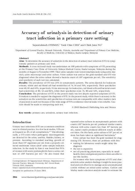 Pdf Accuracy Of Urinalysis In Detection Of Urinary Tract Infection In A Primary Care Setting
