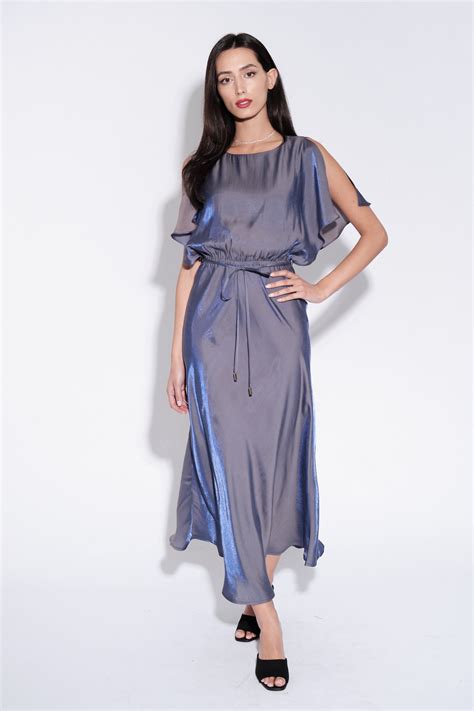 Basford Iridescent Cape Sleeve Midi Dress In Navy Louche