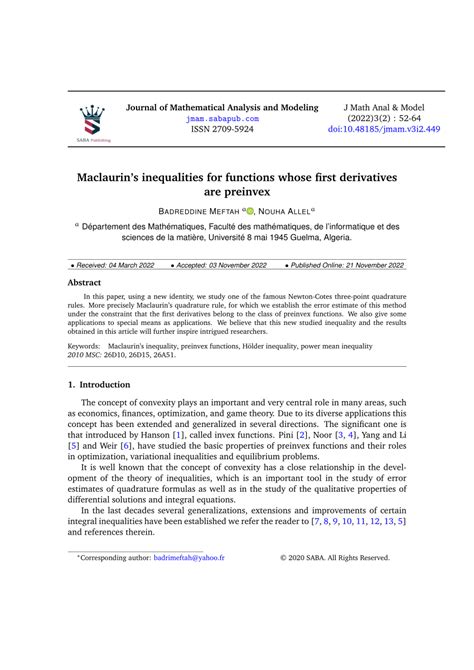 Pdf Maclaurins Inequalities For Functions Whose First Derivatives Are Preinvex
