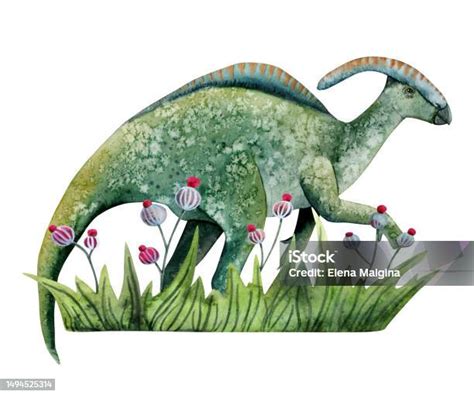 Parasaurolophus 공룡은 판타지 꽃 풍경 수채화 그림이 흰색 배경에 분리되어 있다 선사 시대부터 손으로 그린 상세하고