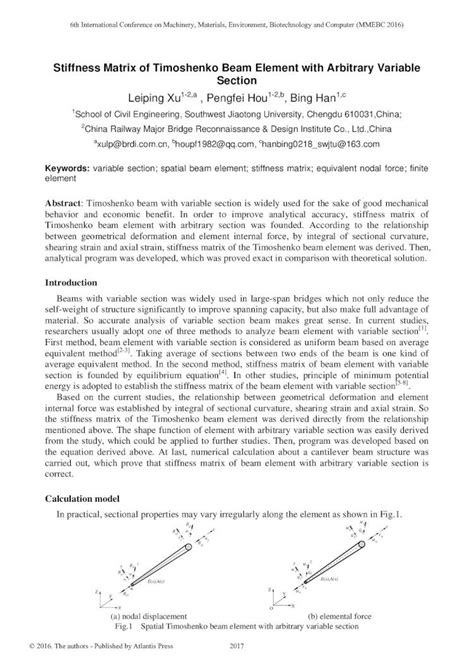 Pdf Stiffness Matrix Of Timoshenko Beam Element With Arbitrary