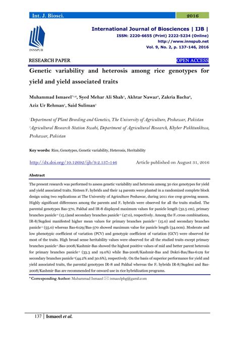 Genetic Variability And Heterosis Among Rice Genotypes For Yield And