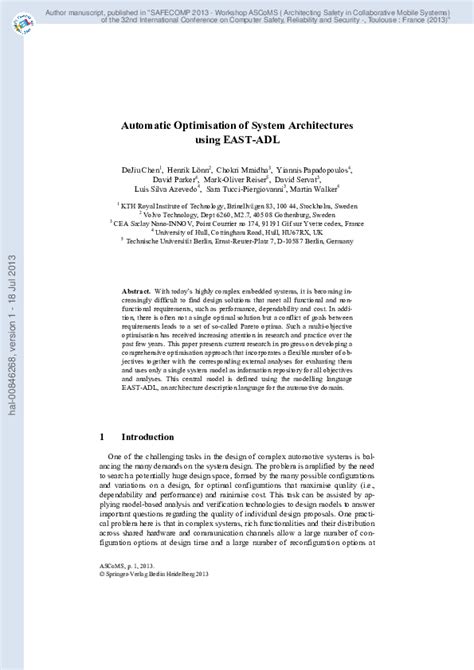 Pdf Automatic Optimisation Of System Architectures Using East Adl