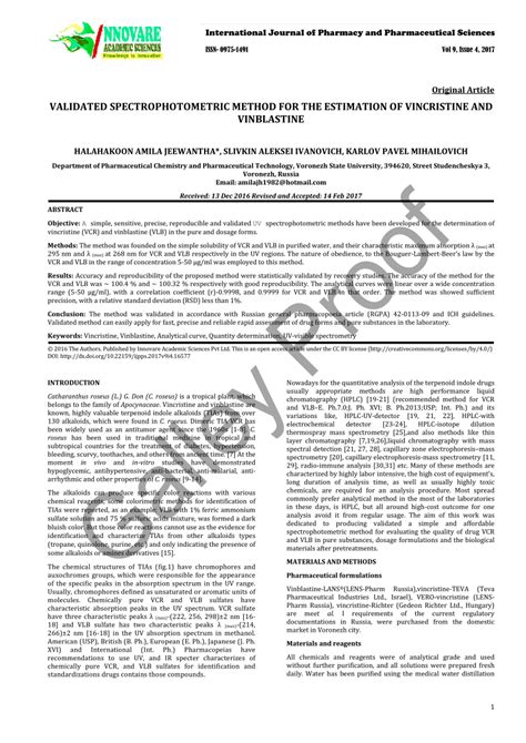 Pdf Validated Spectrophotometric Method For The Estimation Of